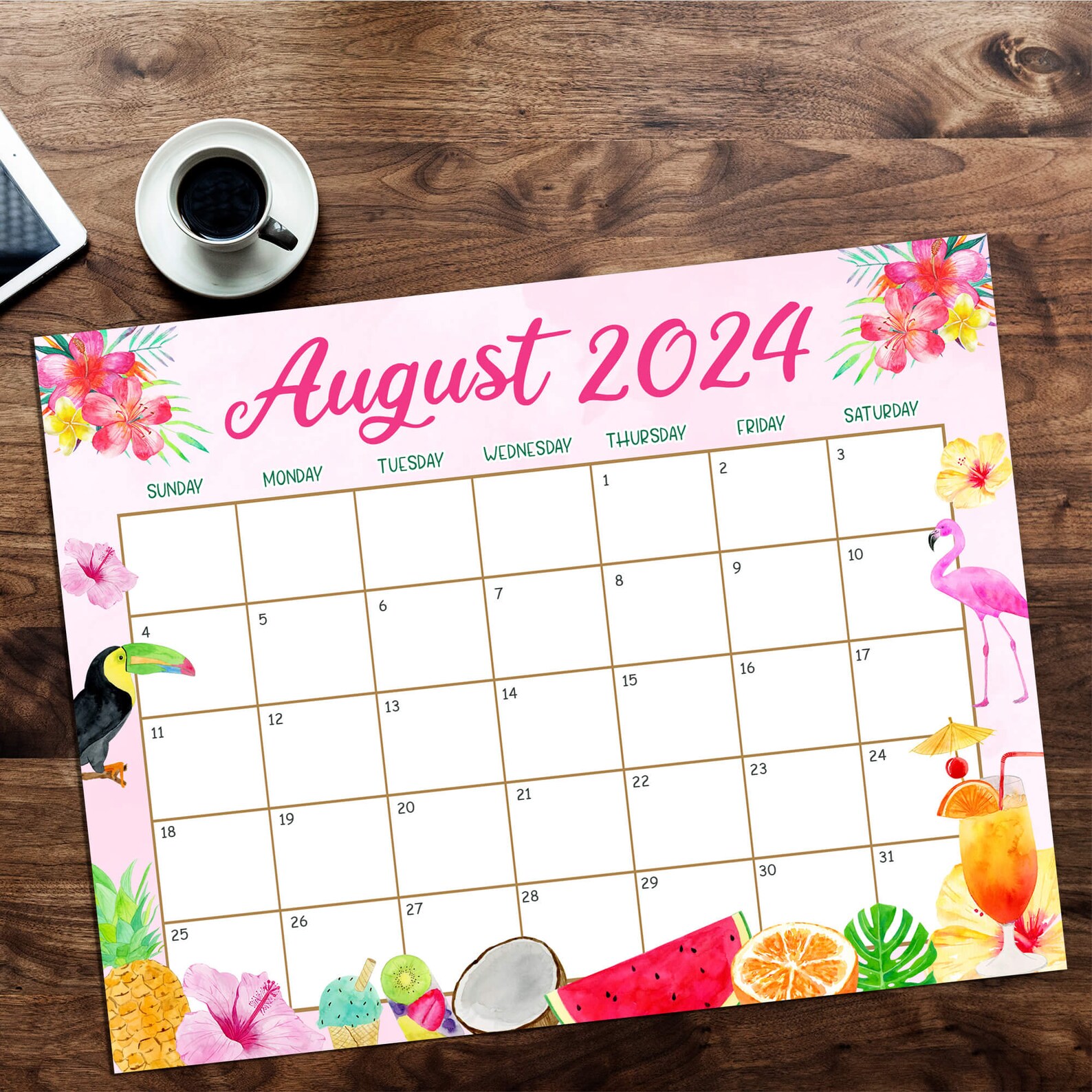 PDF Tropical Paradise August 2024 Themed Calendar, Printable Island ...
