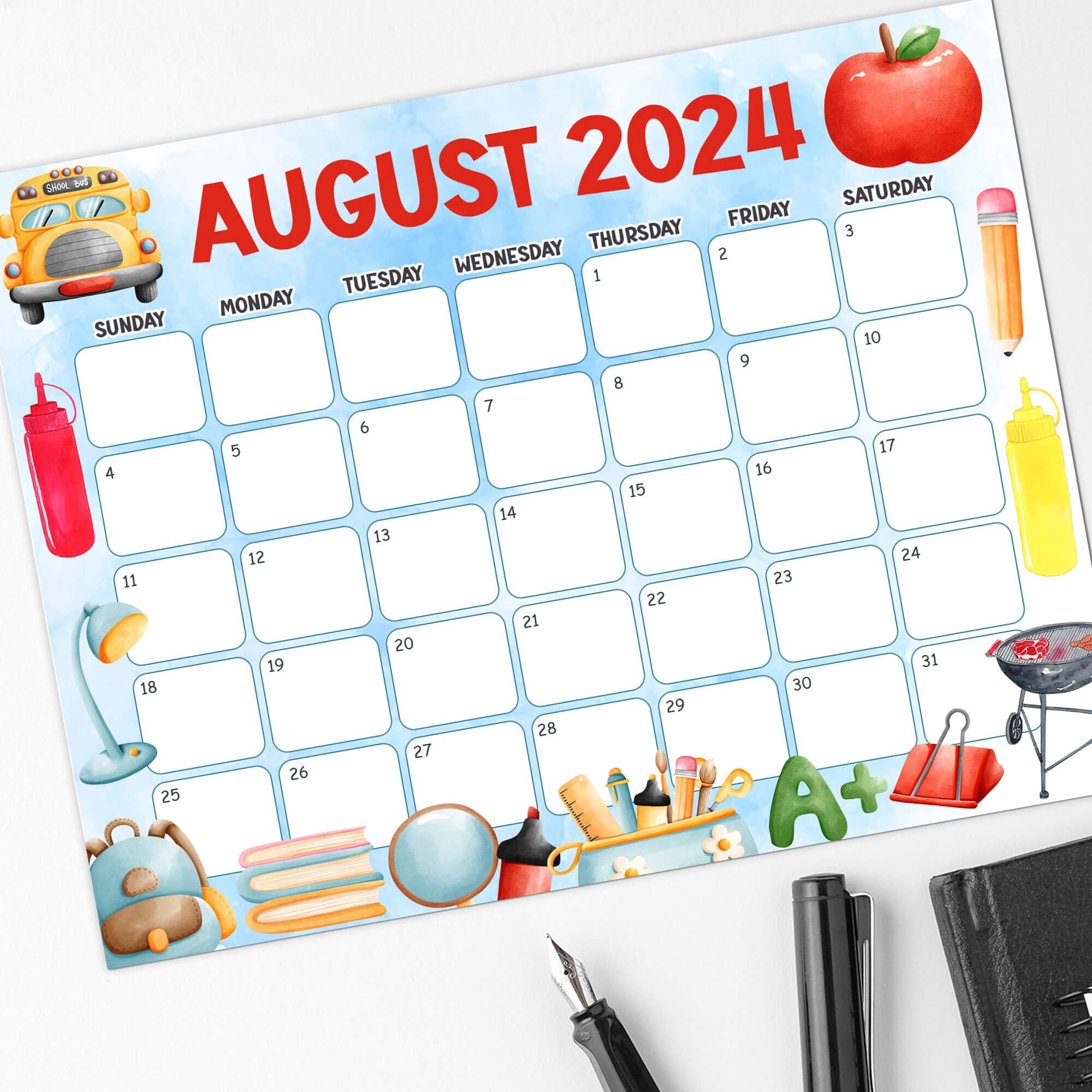 Printable August 2024 Back to School Themed Calendar, School Days Month ...