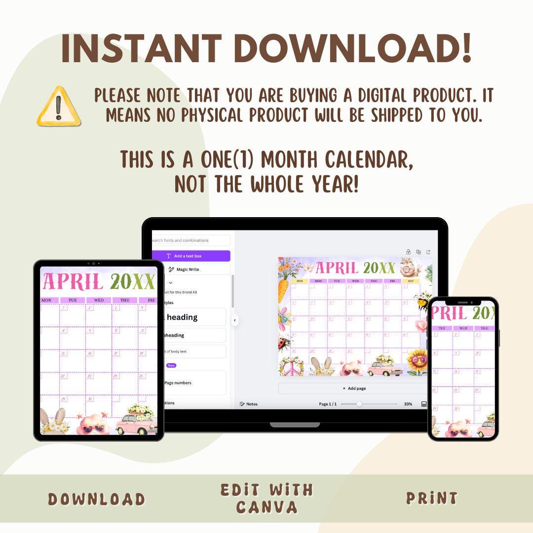 EDITABLE April 2025 Calendar, Spring Printable April Calendar, Floral ...