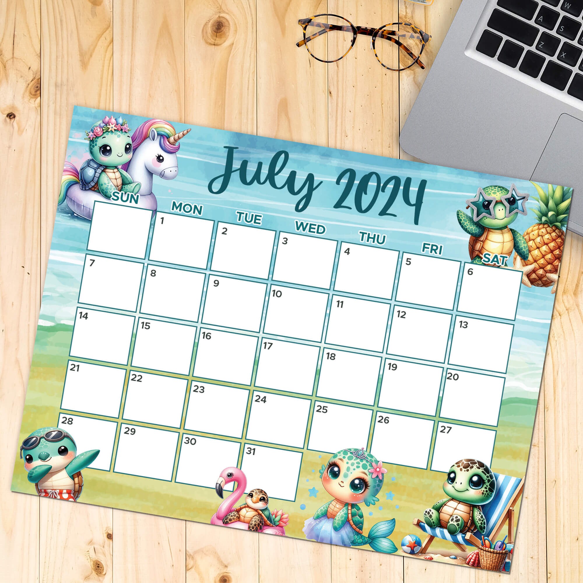Printable Summer July 2024 Calendar, Cute Underwater Sea Turtle Month ...