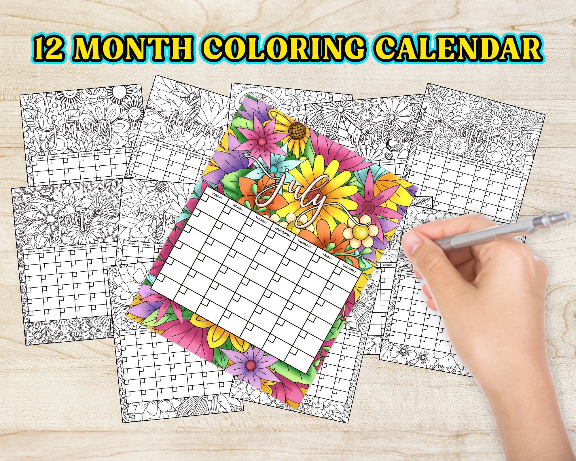 2023 Calendar PDF, Floral Calendar 12 Month Coloring Pages, Printable ...