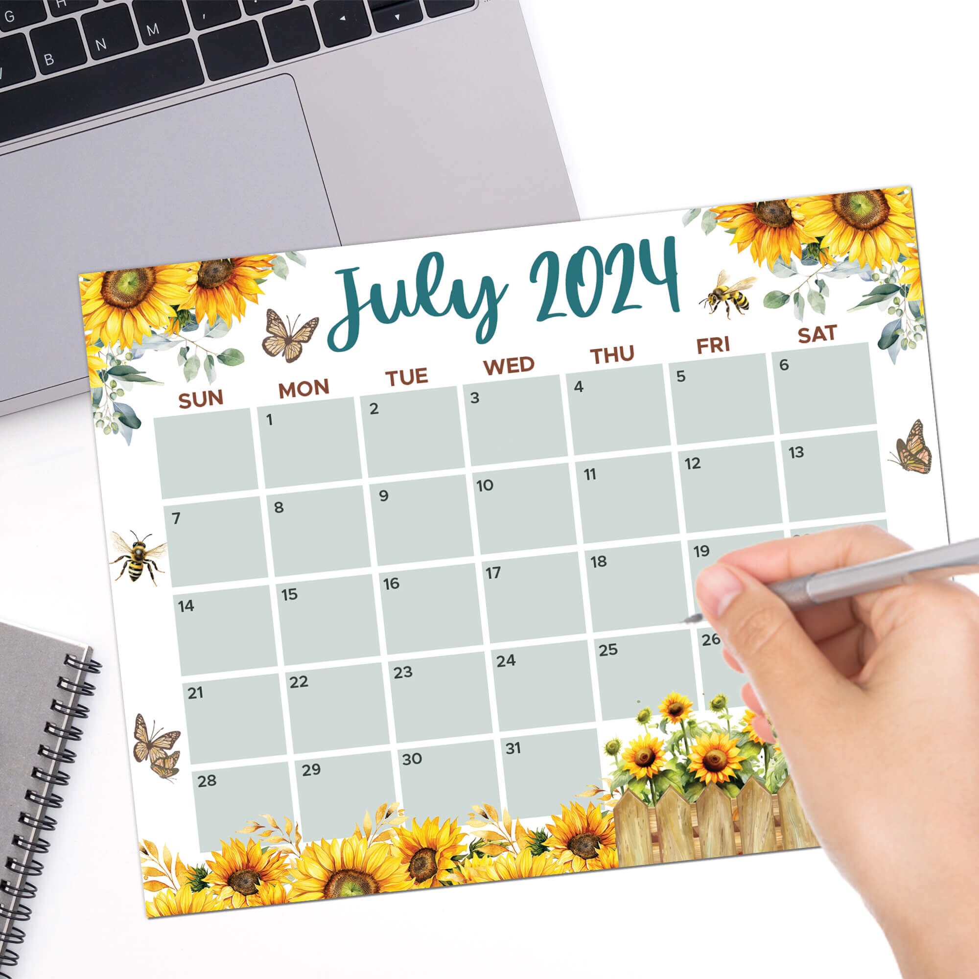 July 2024 Sunflower Summertime Calendar, Printable Sunflower Themed ...
