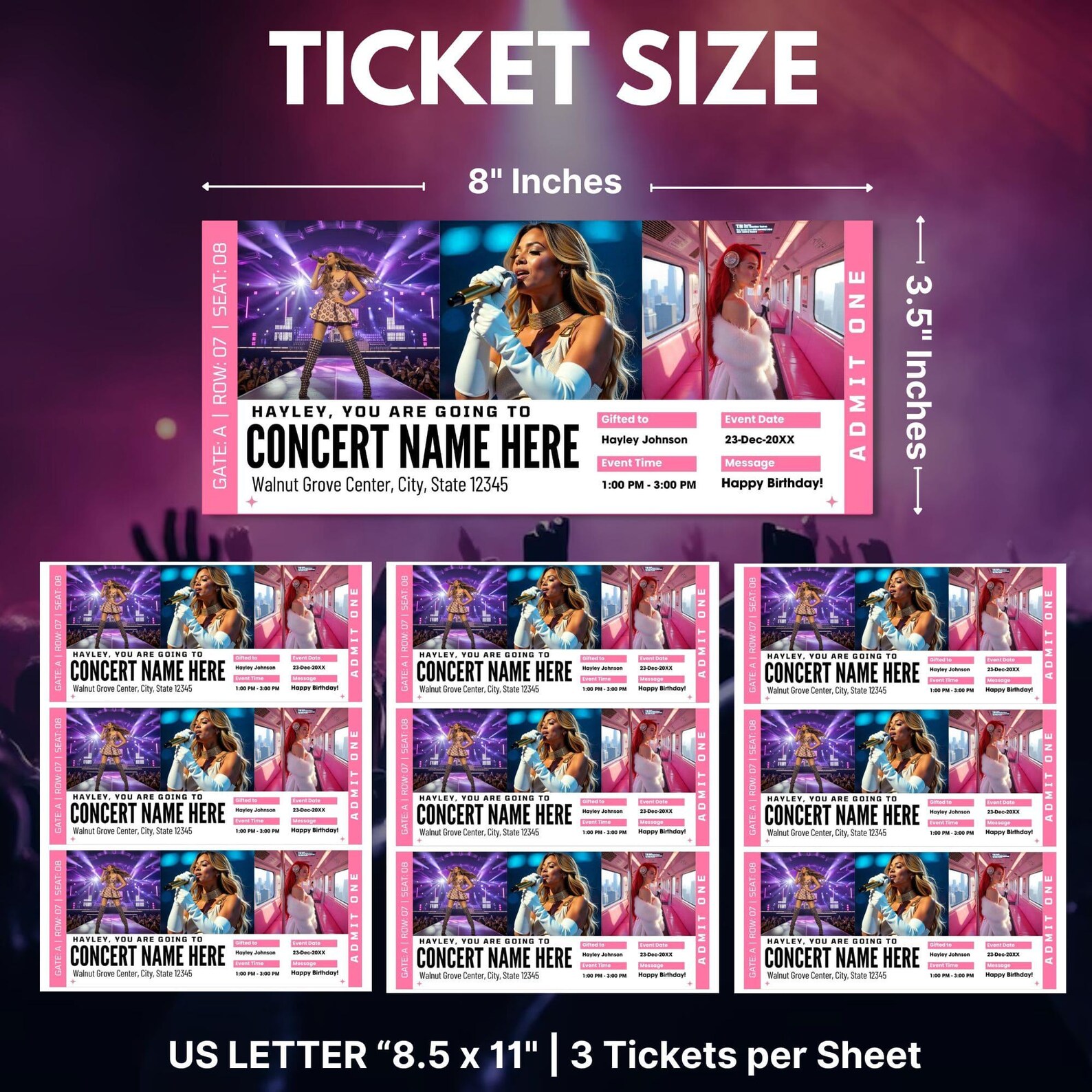 Custom Concert Ticket Template | Editable Live Concert Tickets Gift ...