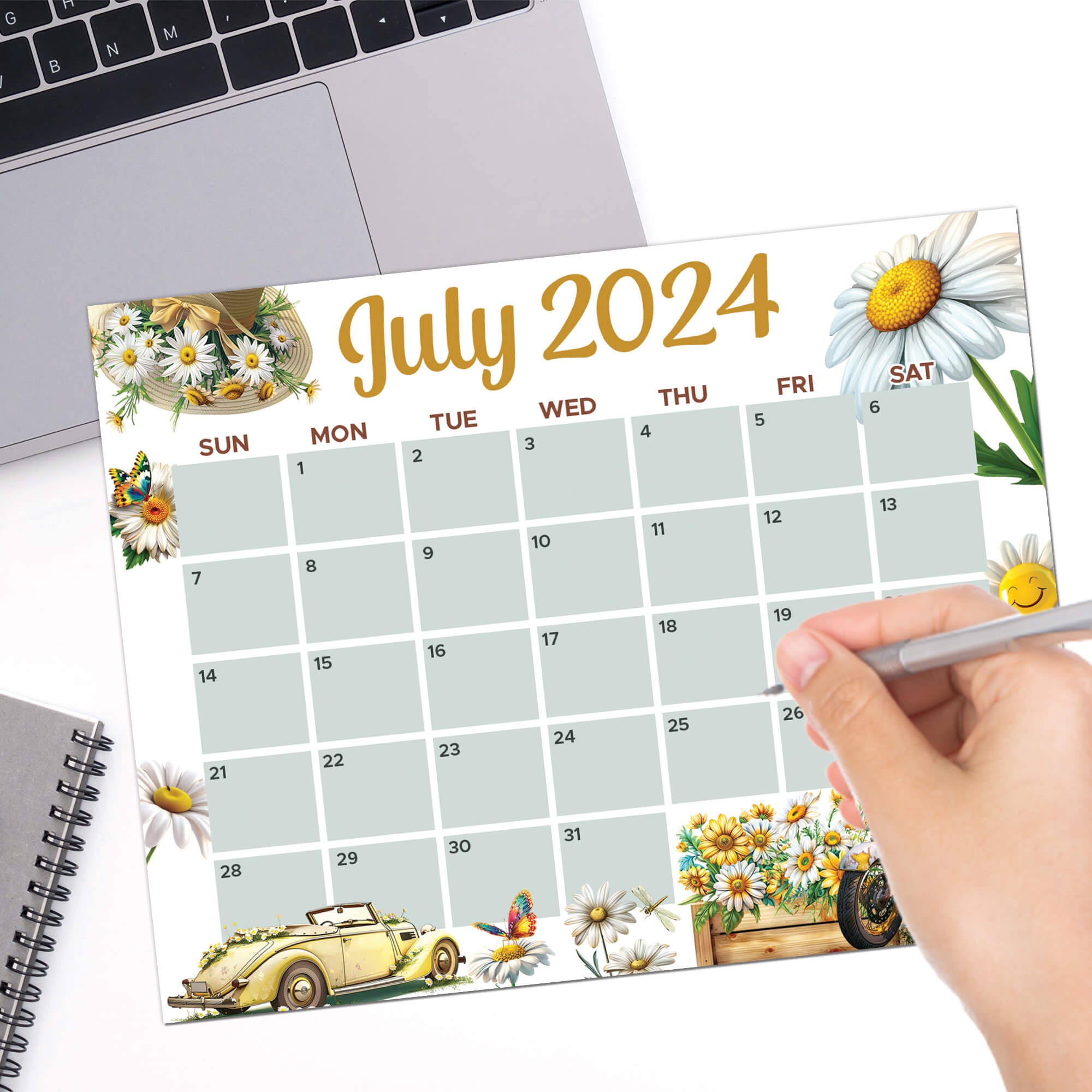 July 2024 Summertime Daisy Themed Calendar, Printable Floral Calendar ...
