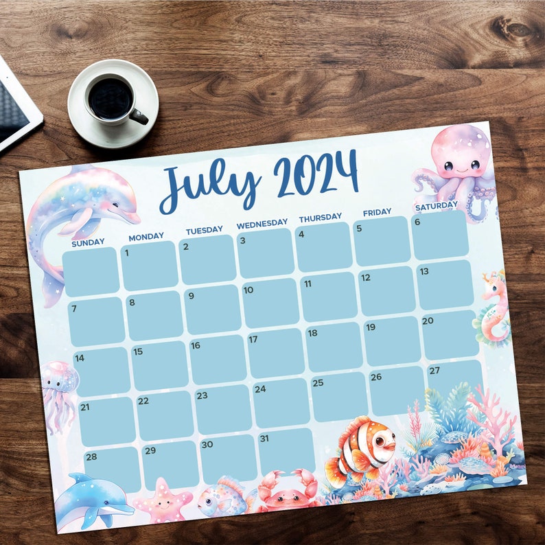 July 2024 Under the Sea Summer Calendar, Printable Cute Underwater ...
