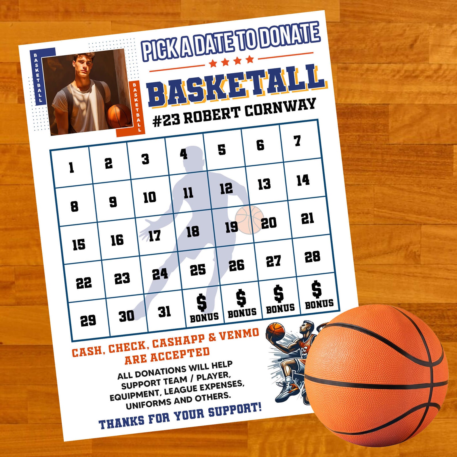 Basketball Fundraiser Donation Calendar, Editable Pick a Date to Donate ...