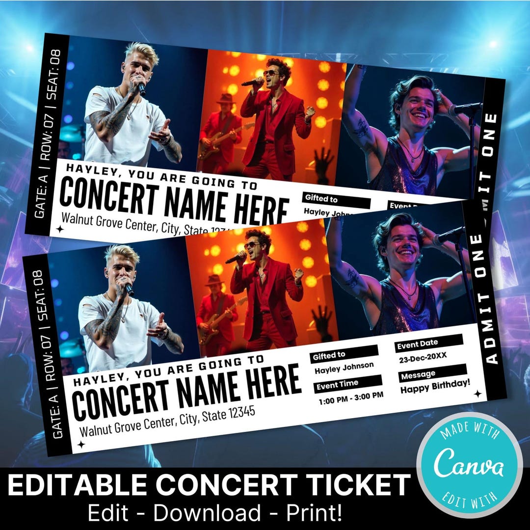 Music Live Concert Ticket Template | Editable Concert Ticket Gift ...