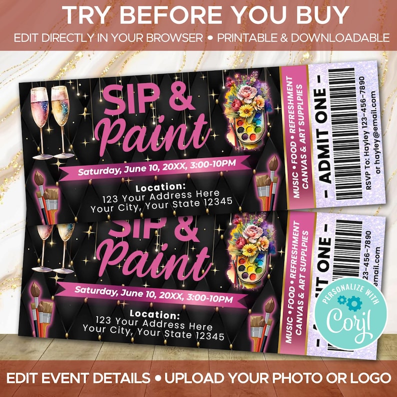 Paint Party Themed Event Ticket | Editable Paint and Sip Ticket Invite ...