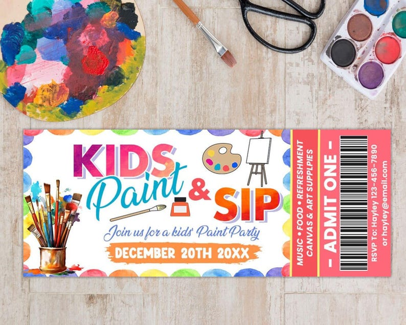 Editable Kids Sip and Paint Ticket Template | Kids Paint Party Event ...