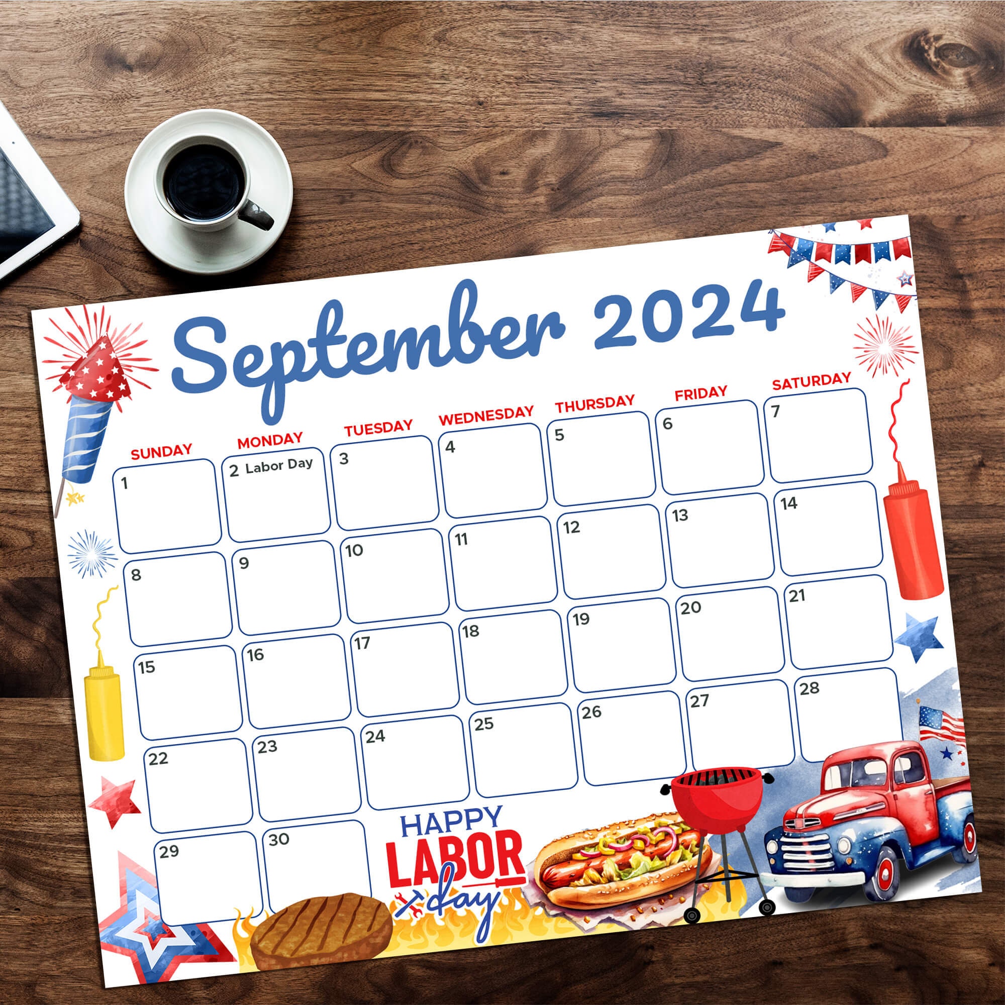 Printable September 2024 Calendar With Labor Day BBQ Theme - Etsy