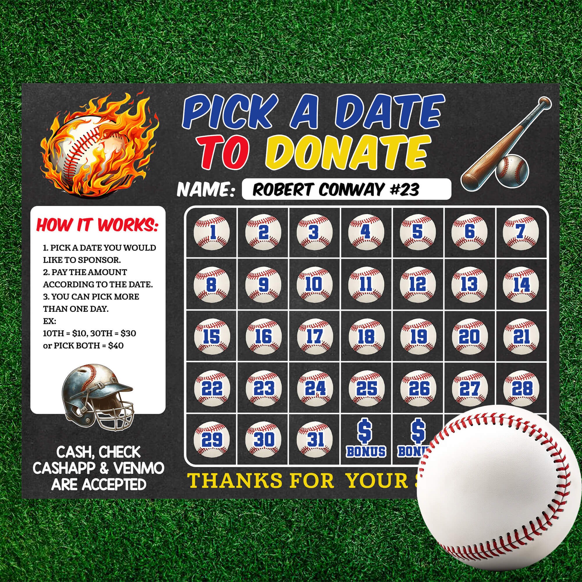 Editable Baseball Fundraiser Donation Calendar Template, Pick a Date to ...