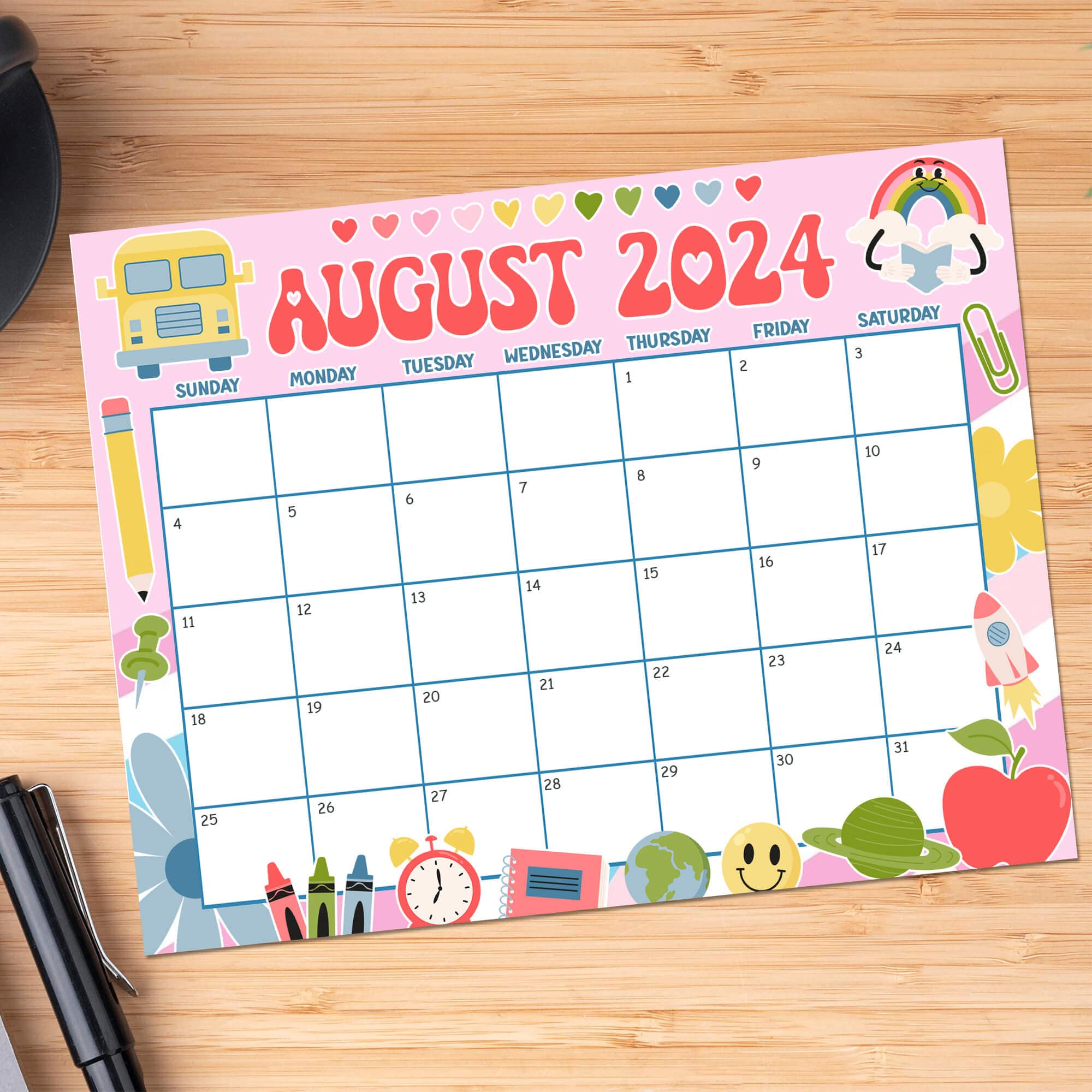 Back to School Themed August 2024 Calendar, Printable August School ...