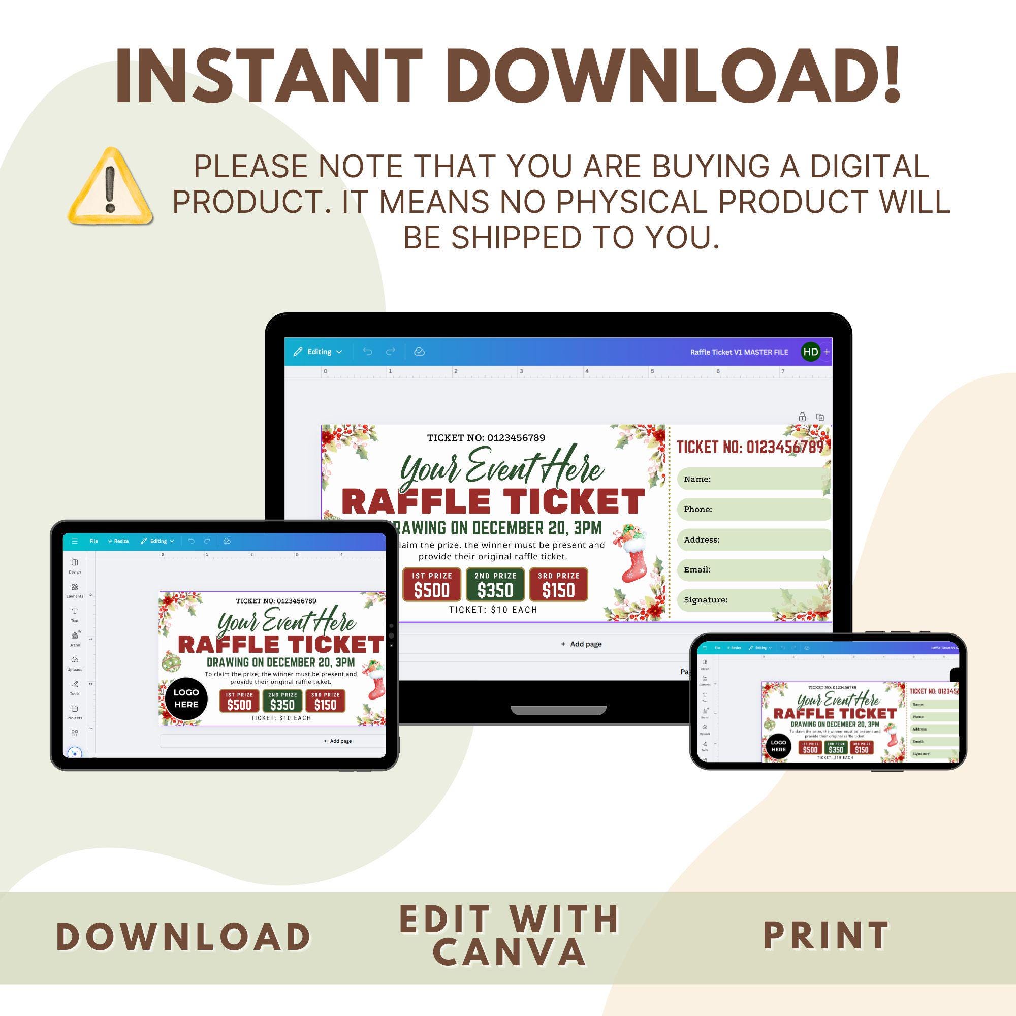 Printable Christmas Raffle Ticket Template: Editable Holiday and Winter ...