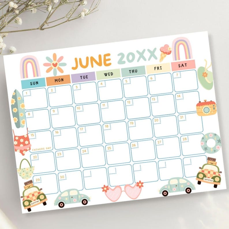 Editable Retro Summer June Calendar Template | Groovy Aesthetic ...