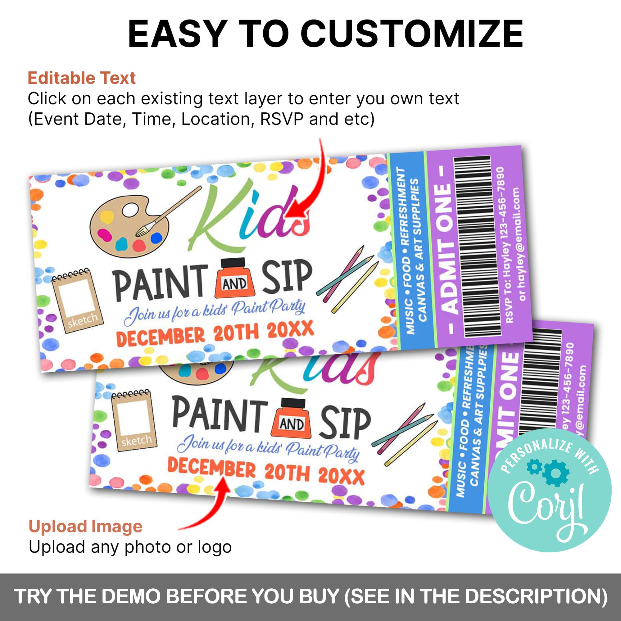 Kids Sip and Paint Ticket Template | Event Ticket | Paint and Sip ...
