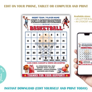Editable Basketball Fundraiser Donation Calendar Template, Pick a Date ...