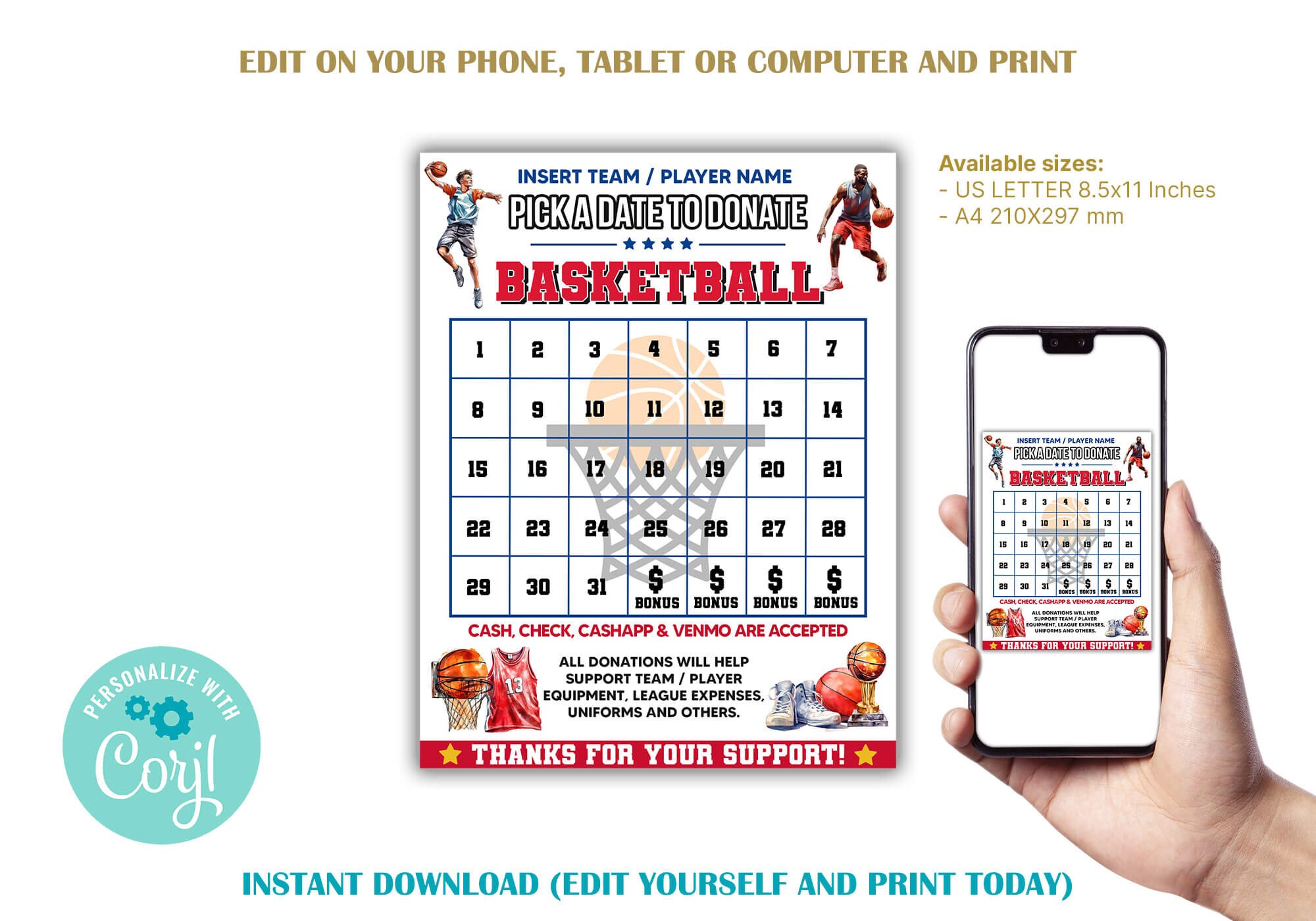Editable Basketball Fundraiser Donation Calendar Template, Pick a Date ...