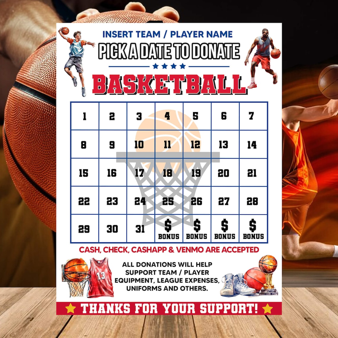 Editable Basketball Fundraiser Donation Calendar Template, Pick a Date ...