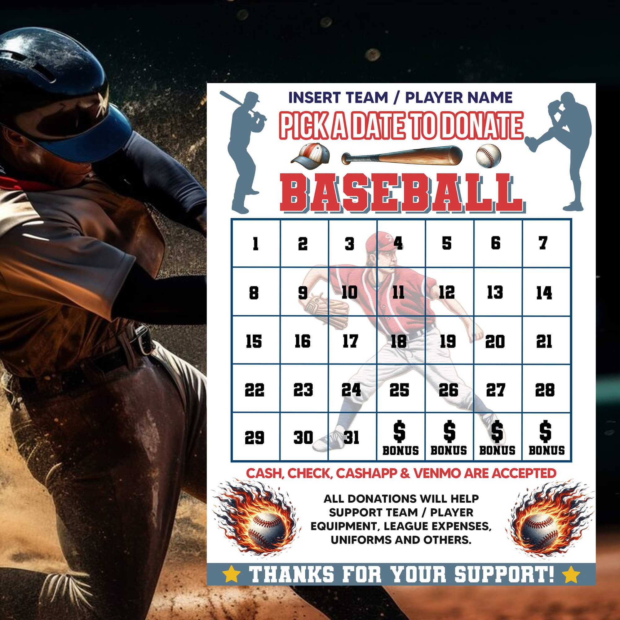 Editable Baseball Calendar Fundraiser, Baseball Pick a Date to Donate ...
