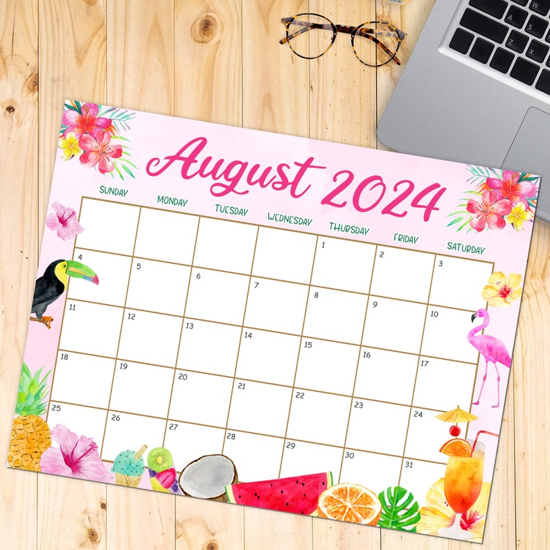 PDF Tropical Paradise August 2024 Themed Calendar, Printable Island ...