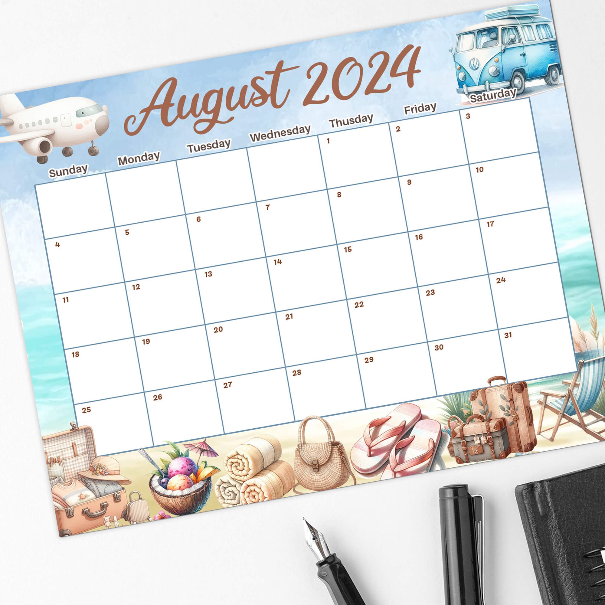 PDF August 2024 Adventure Themed Calendar, Printable Cute Travel ...