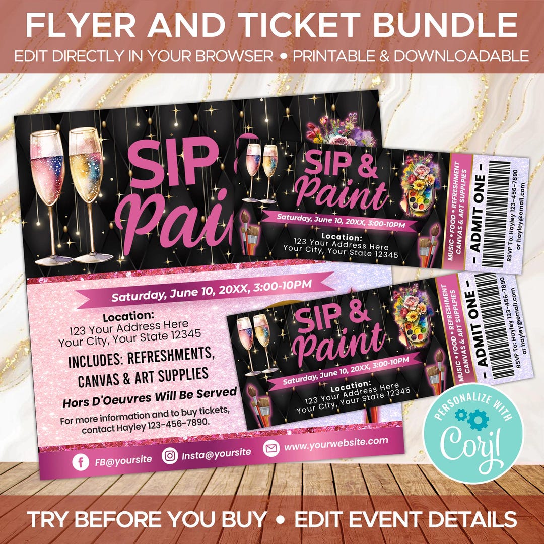 Paint Party Themed Event Ticket and Flyer | Editable Paint and Sip ...