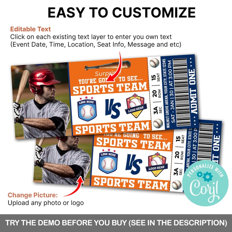 Editable Baseball Ticket Template | Sports Game Ticket | Surprise Gift ...