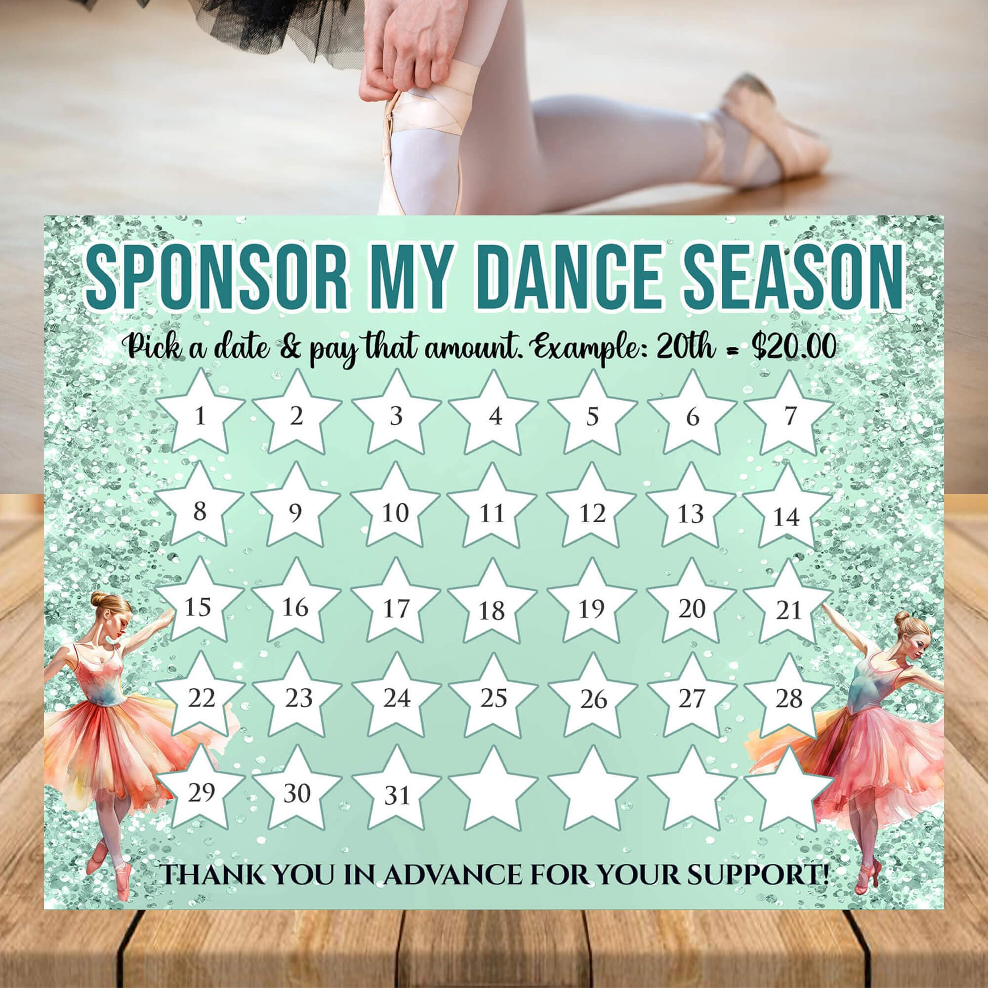Editable School Dance Ballet Themed Donation Calendar, Ballerina Pick a ...