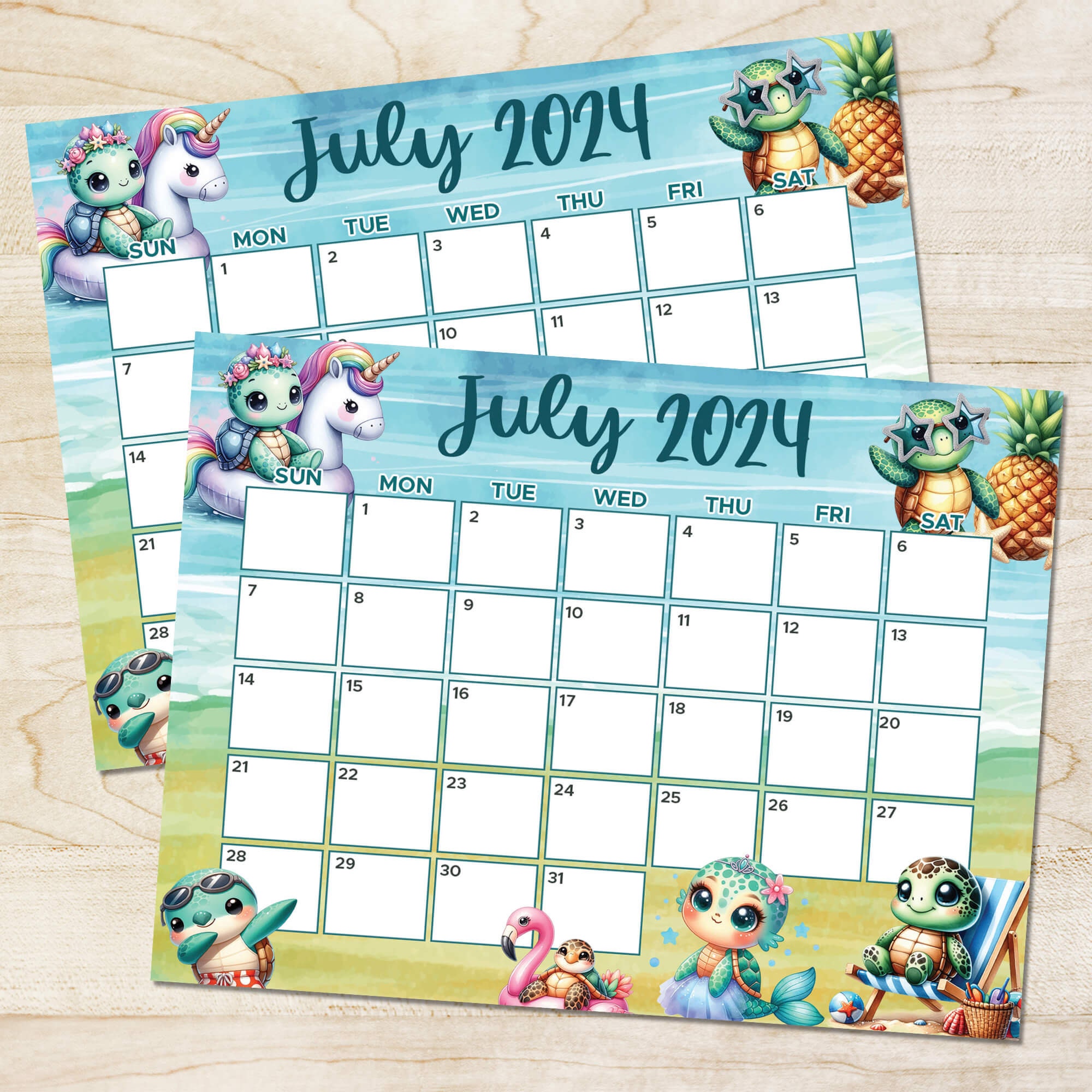 Printable Summer July 2024 Calendar, Cute Underwater Sea Turtle Month ...