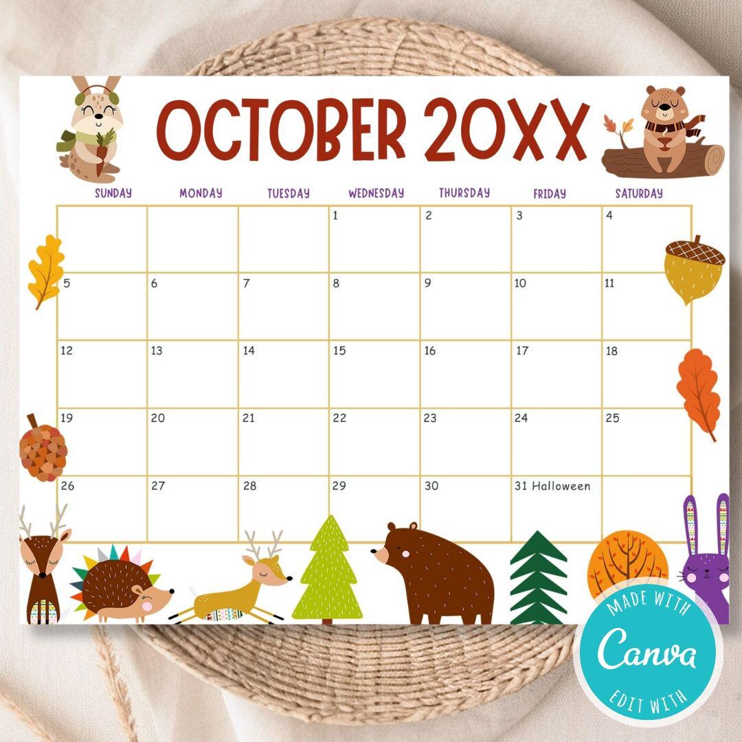 Editable Fall Animals October Month Planner Calendar - Etsy