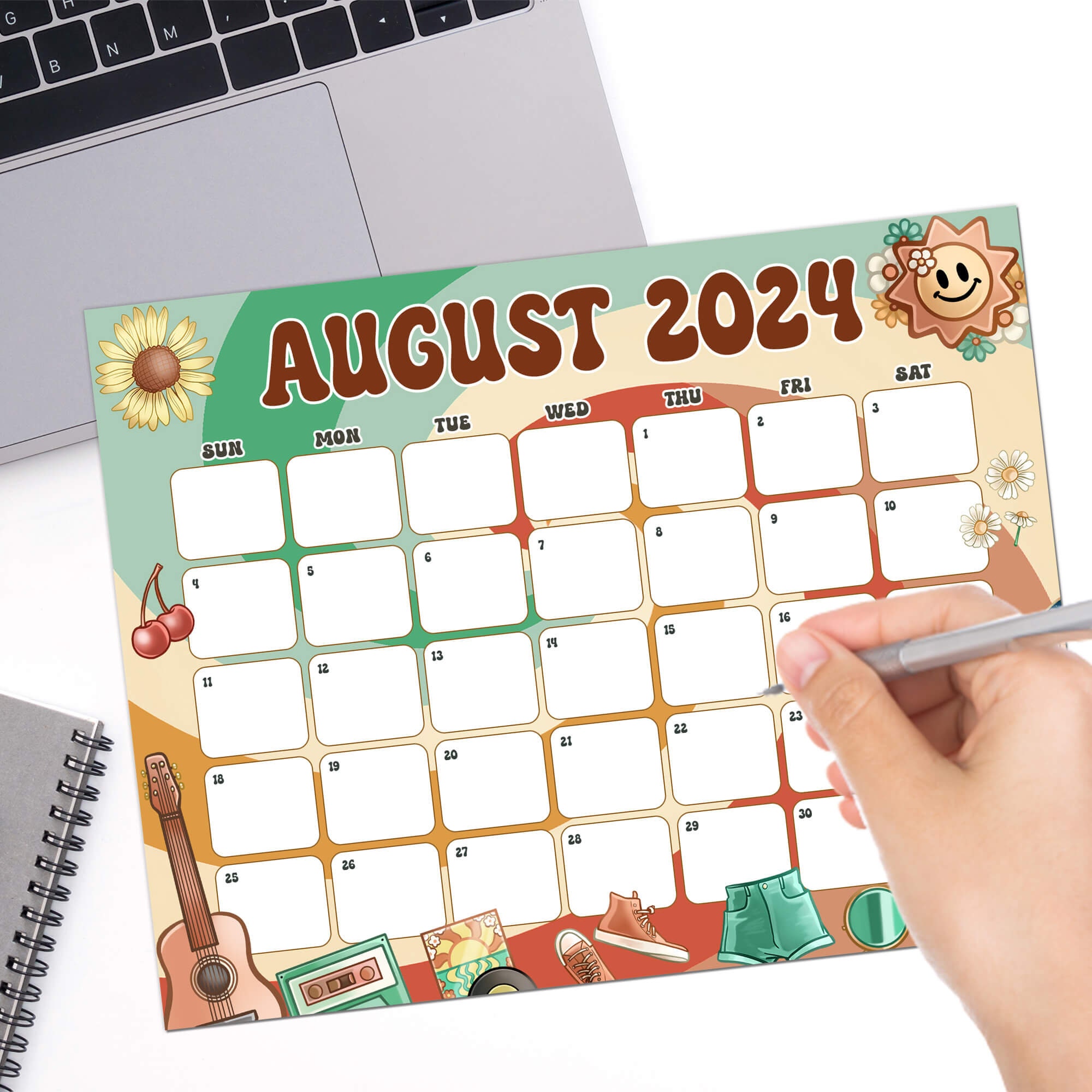 Printable Retro Nostalgic Summer Theme August 2024 Calendar, Printable ...