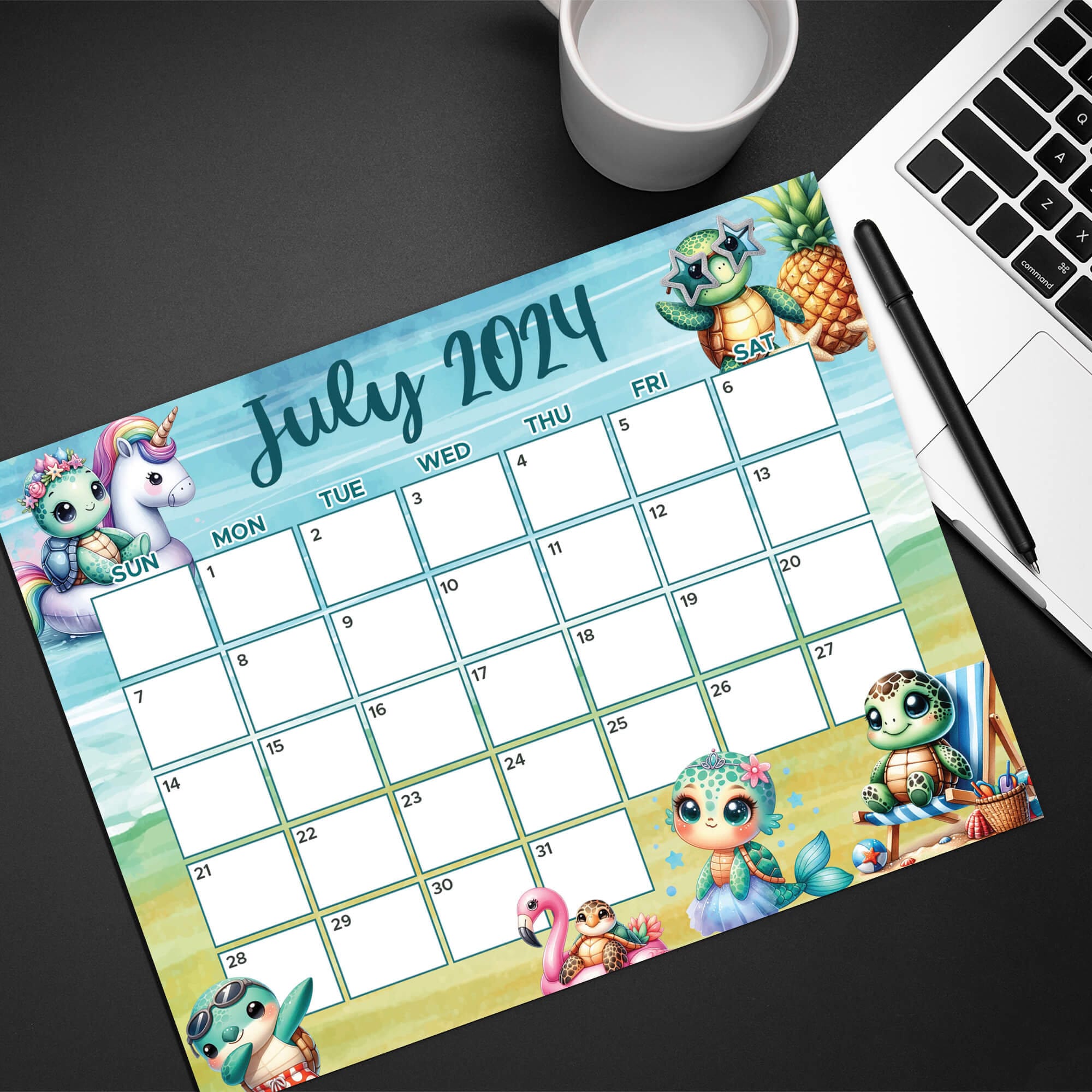 Printable Summer July 2024 Calendar, Cute Underwater Sea Turtle Month ...