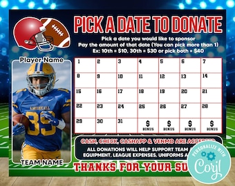 EDITABLE Fundraising Calendar, Football, Pick a Date to Donate, Pay the ...
