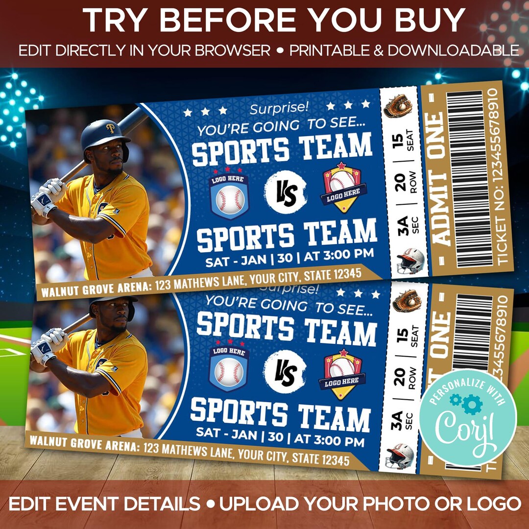 Custom Baseball Ticket Template | Surprise Gift Baseball Tickets | Sports Football Personalized ...