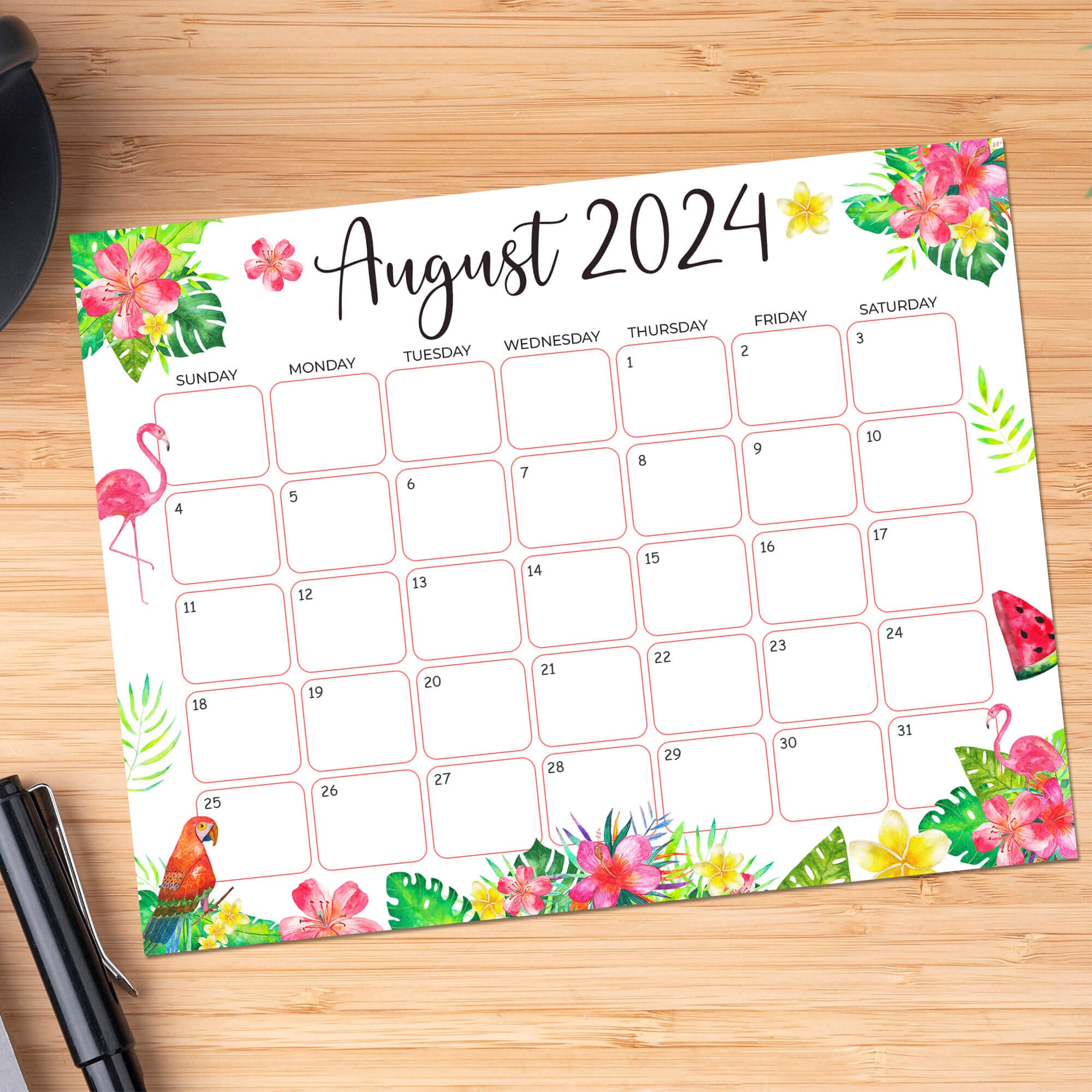 PDF August 2024 Tropical Themed Calendar, Printable Tropical Escape ...