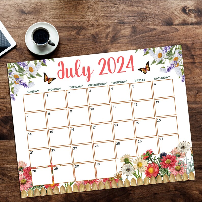 July 2024 Daisy Floral Themed Calendar, Printable Cute Daisies Calendar ...