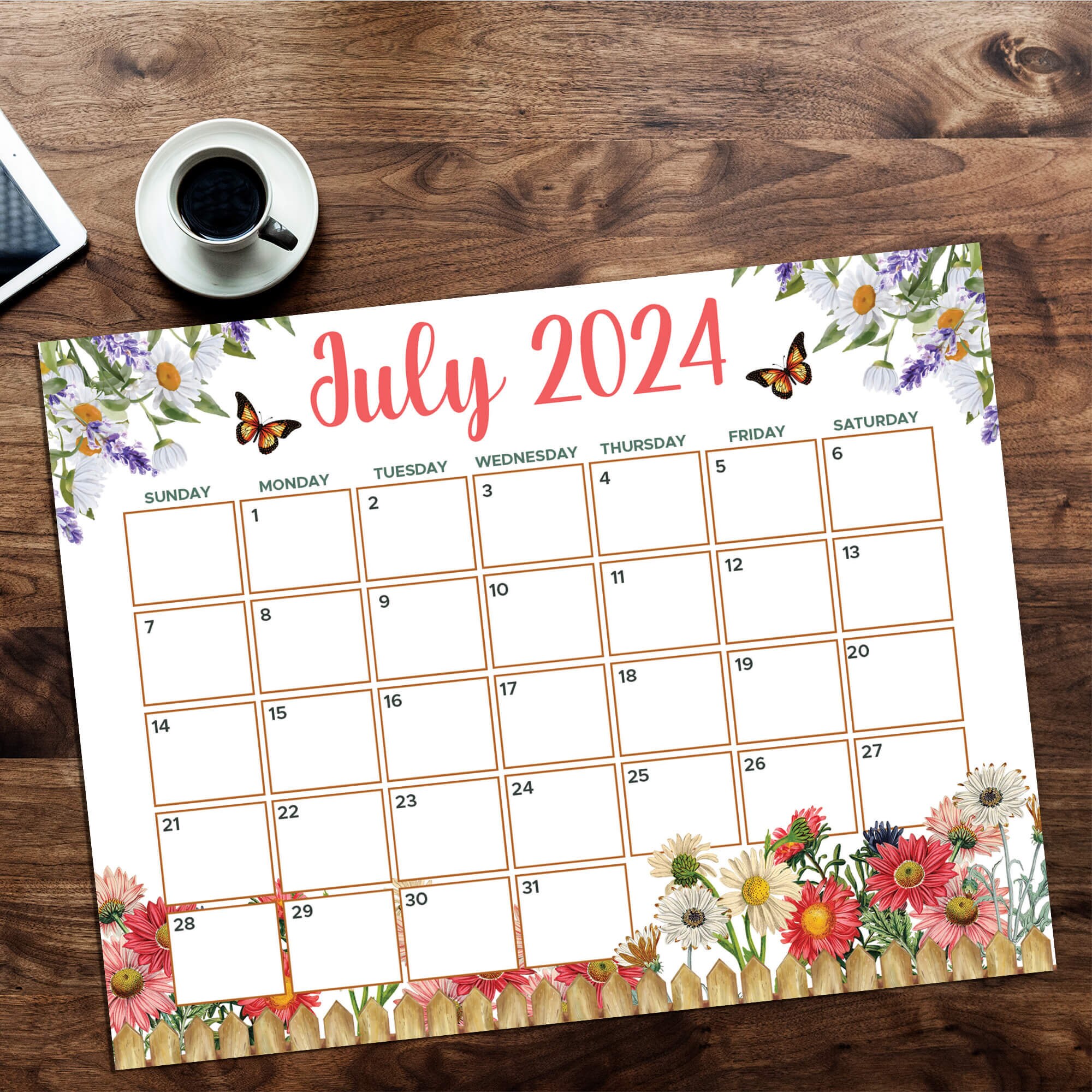 July 2024 Daisy Floral Themed Calendar, Printable Cute Daisies Calendar ...