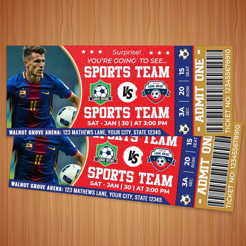 Custom Soccer Ticket Template | Surprise Gift Soccer Tickets | Sports ...
