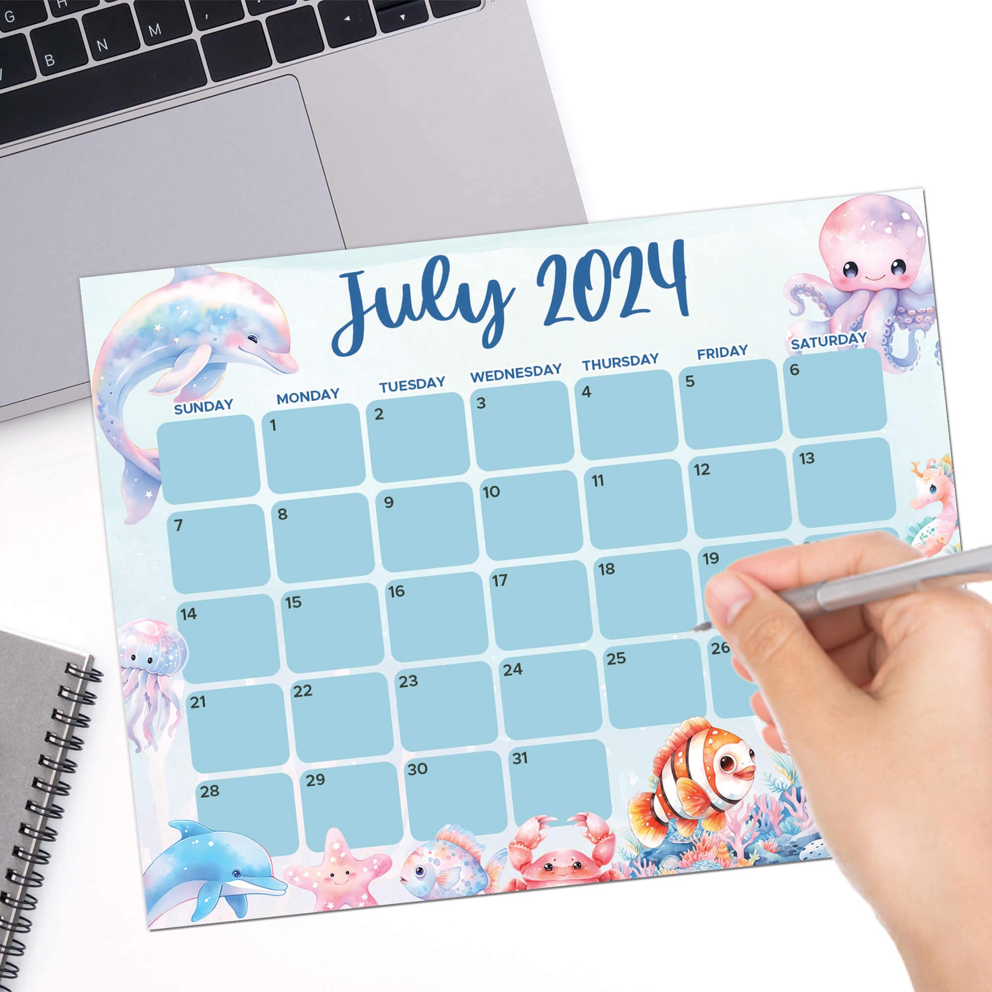 July 2024 Under the Sea Summer Calendar, Printable Cute Underwater ...