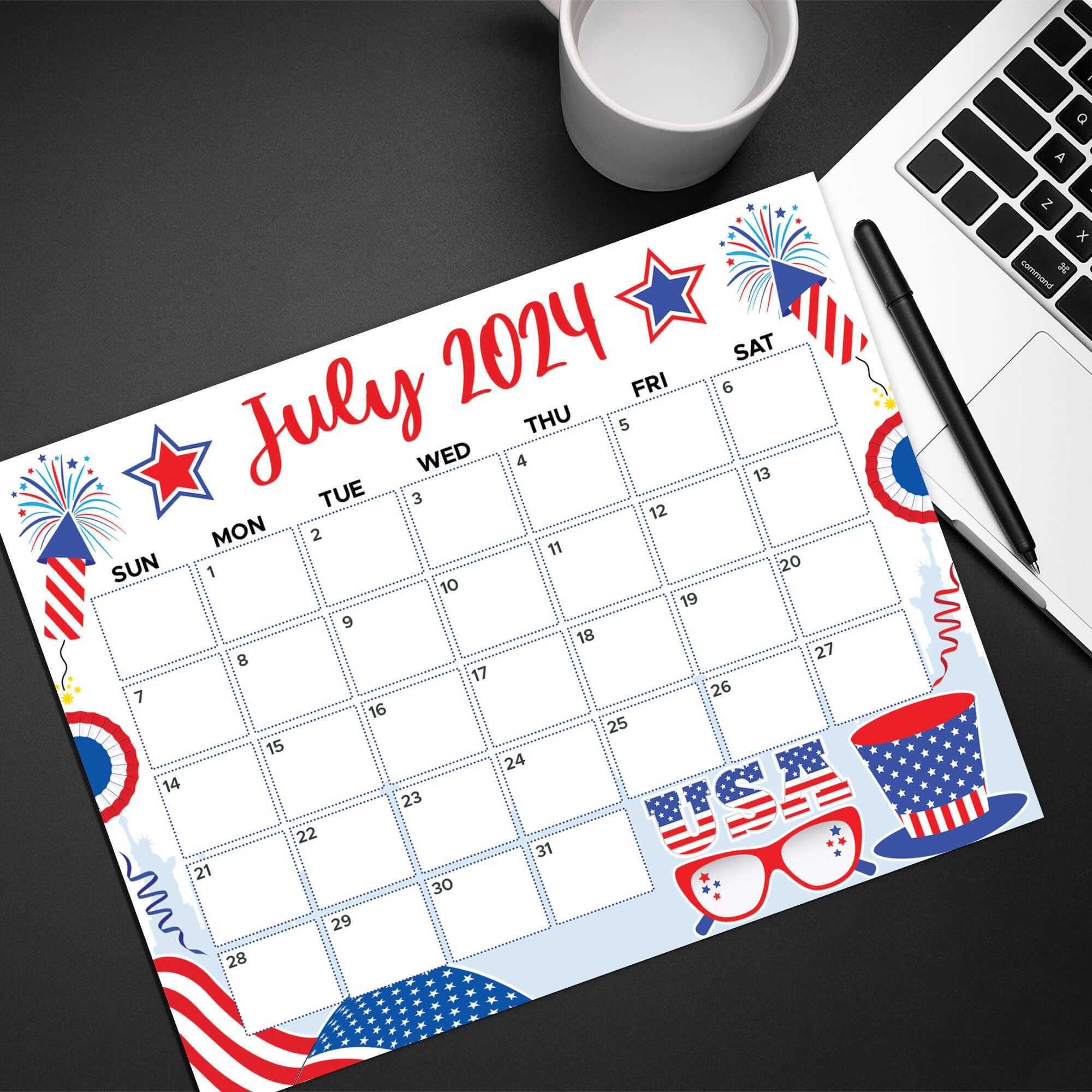 July 2024 Calendar, Printable 4th July Independence Day, Happy 4th July ...
