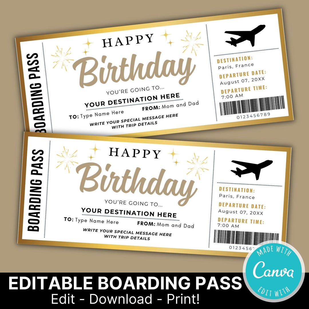 DIY Surprise Birthday Gift Boarding Pass Ticket Template | Editable ...