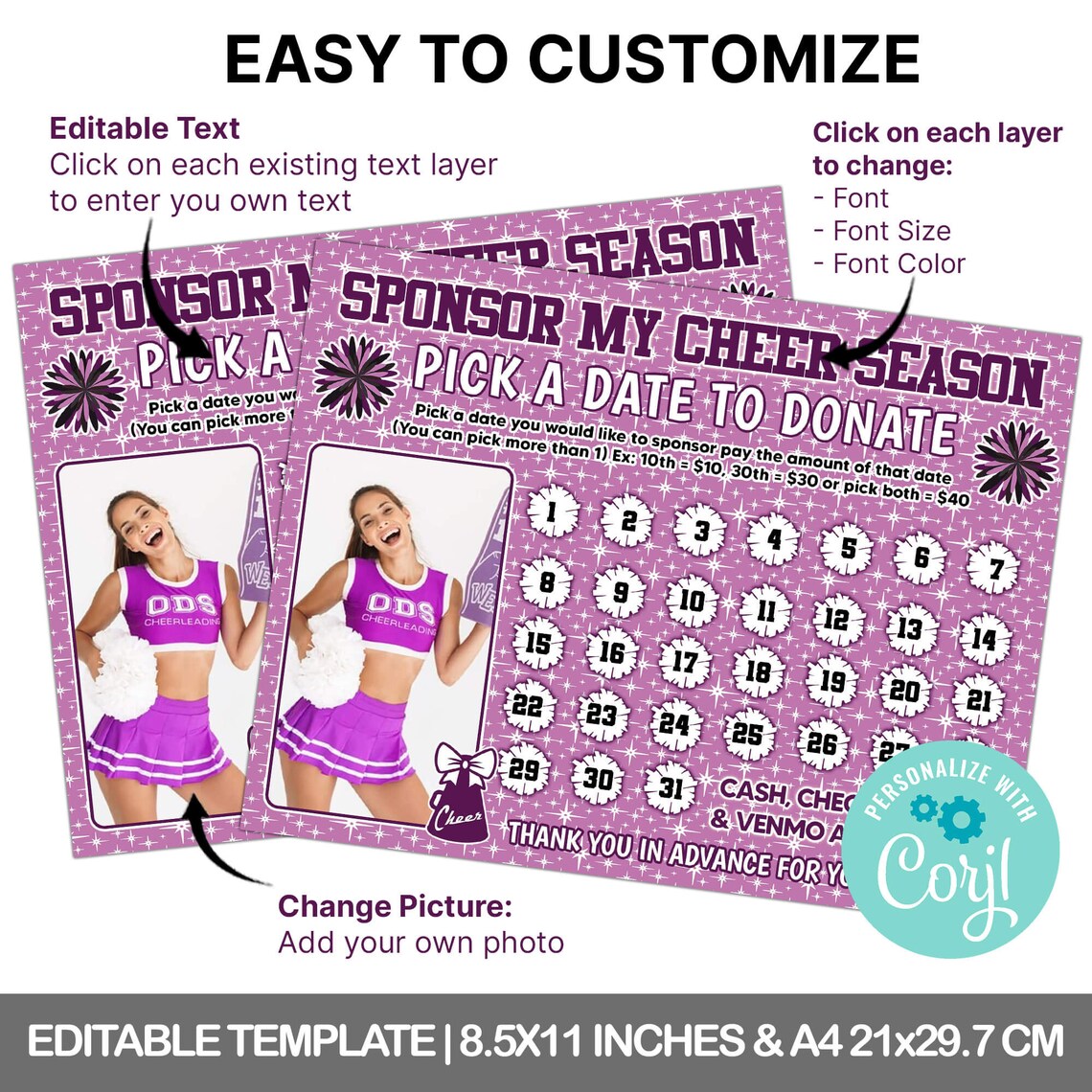 Editable Cheerleading Team Calendar Fundraiser, Cheerleader Pick a Date ...