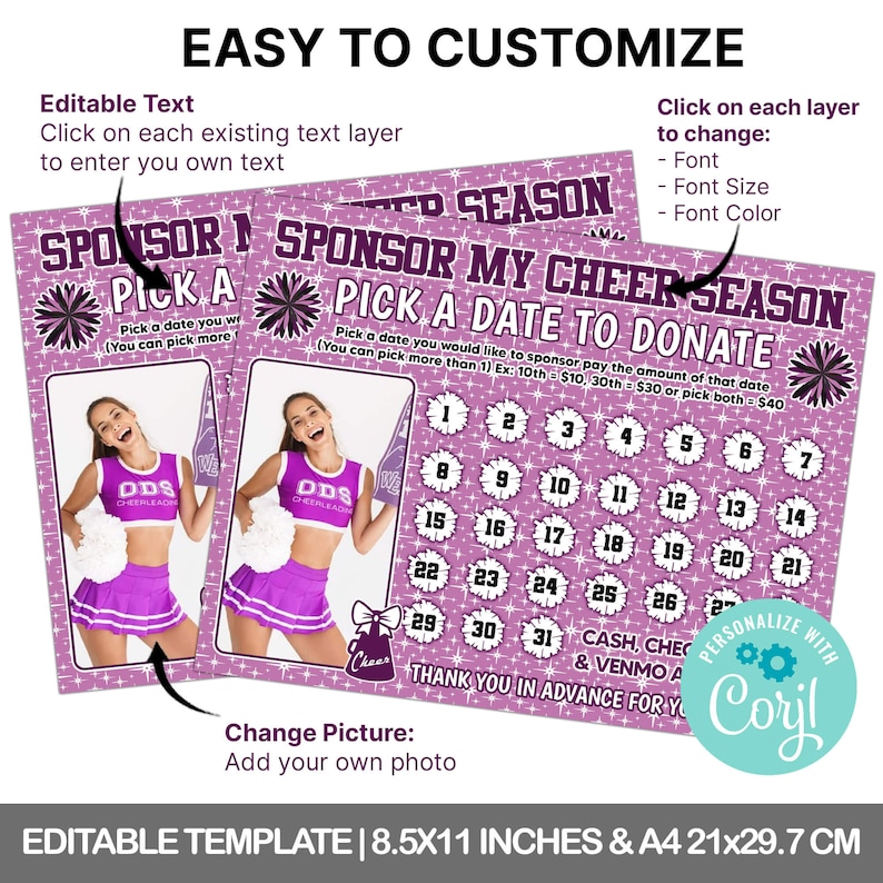 Editable Cheerleading Team Calendar Fundraiser, Cheerleader Pick a Date ...