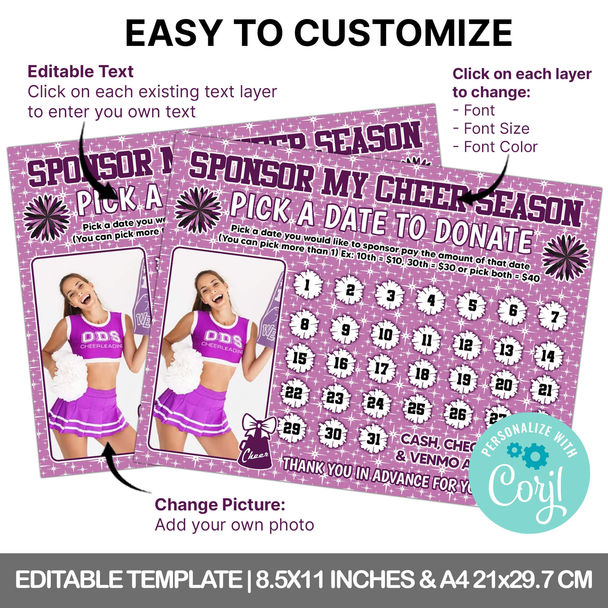 Editable Cheerleading Team Calendar Fundraiser, Cheerleader Pick a Date ...