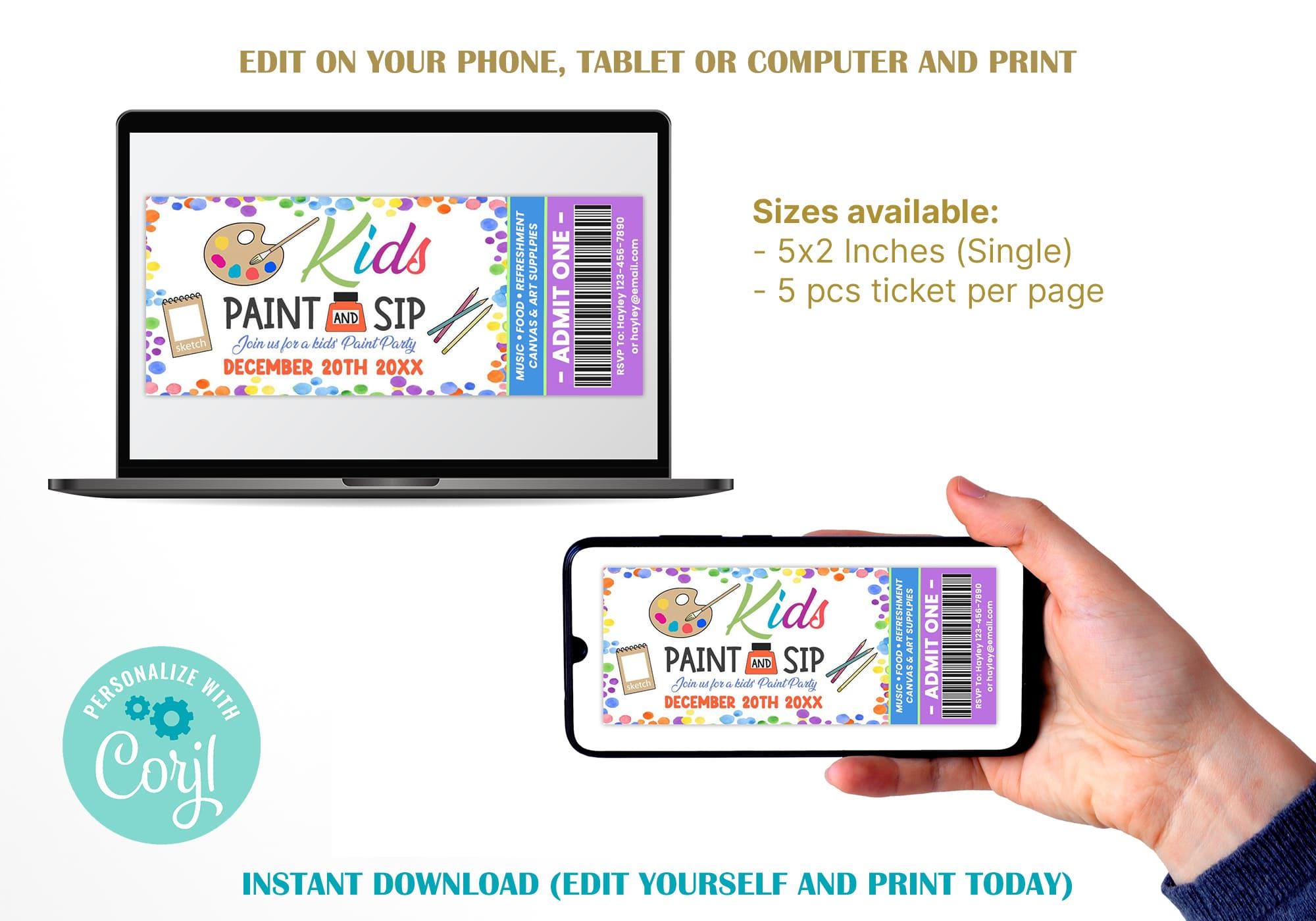 Kids Sip and Paint Ticket Template | Event Ticket | Paint and Sip ...