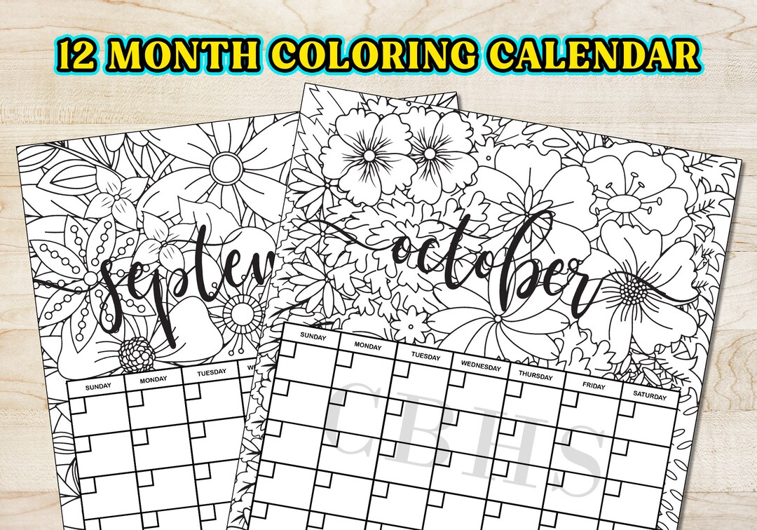 12 Month Coloring Calendar Floral Pattern Black Lettering, Printable ...