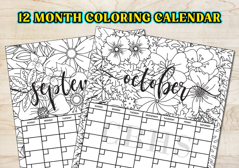 12 Month Coloring Calendar Floral Pattern Black Lettering, Printable ...