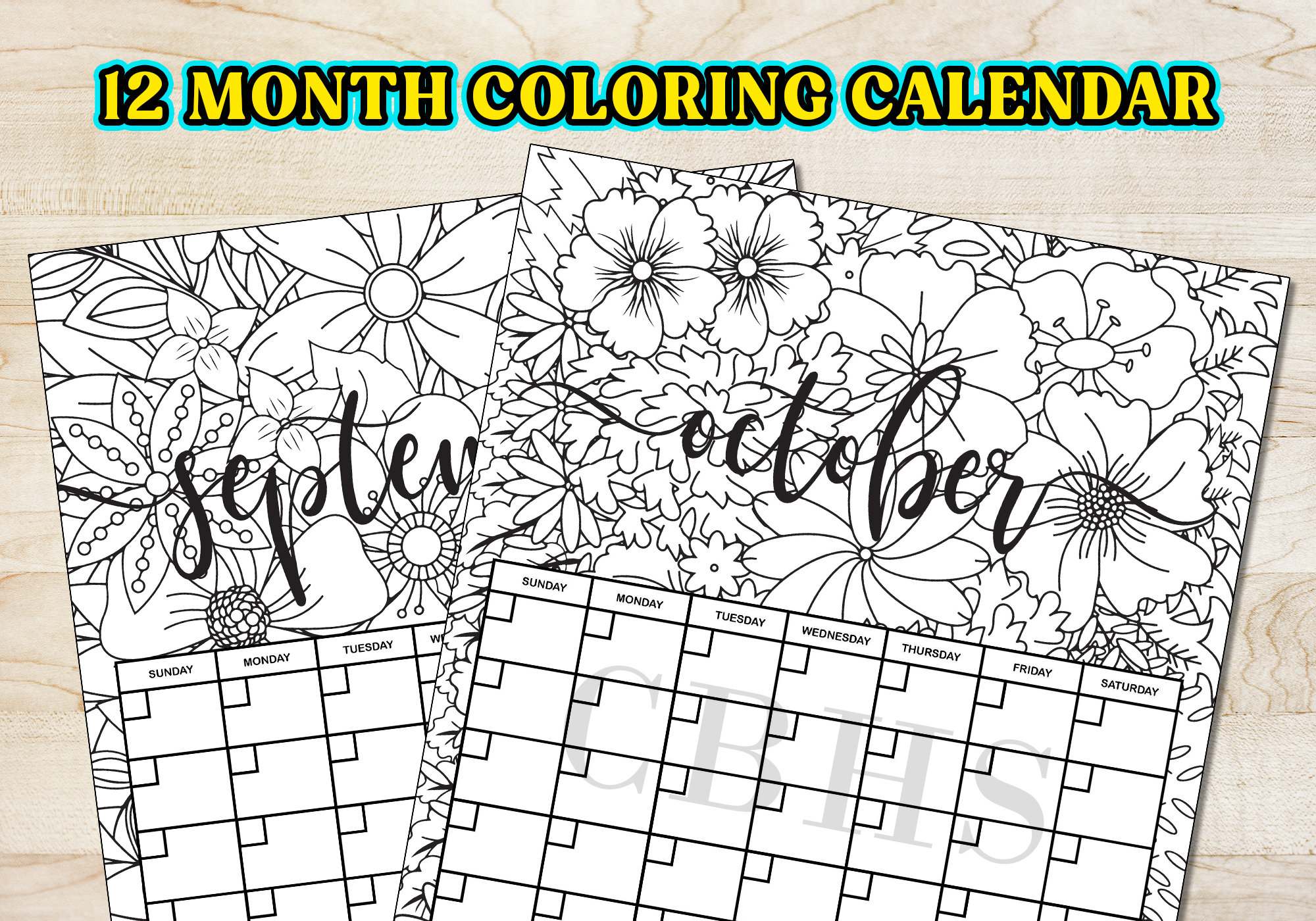 12 Month Coloring Calendar Floral Pattern Black Lettering, Printable ...