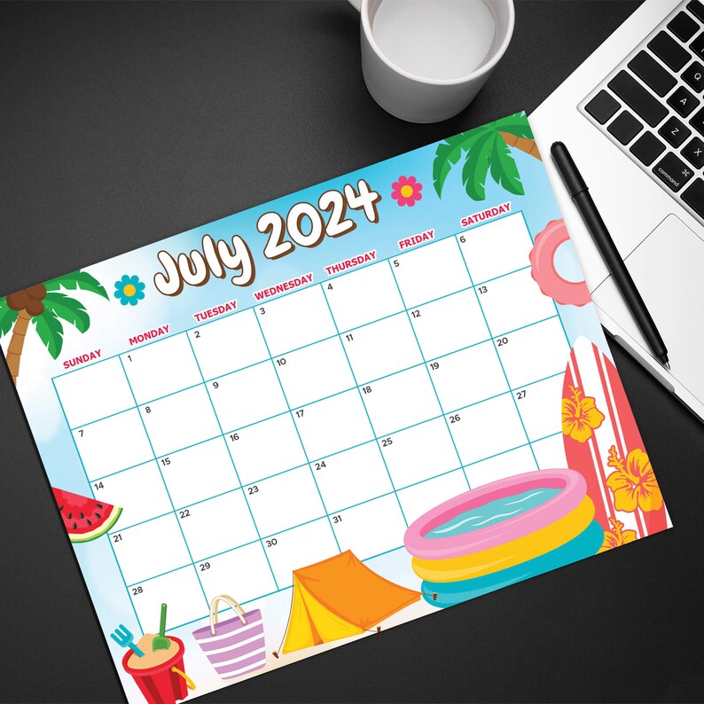 July 2024 Beautiful Summer Calendar, Printable Fillable Summer Calendar ...