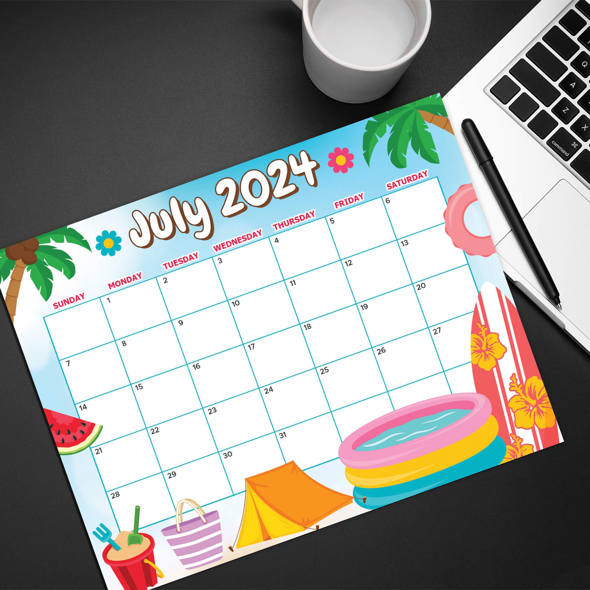 July 2024 Beautiful Summer Calendar, Printable Fillable Summer Calendar ...